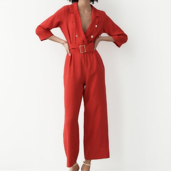 Zara | Pants & Jumpsuits | New Zara Belted Wrap Jumpsuit Red Ref 97173 ...